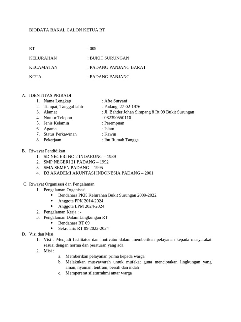 Biodata Calon Ketua RT 009 Bukit Surungan | PDF