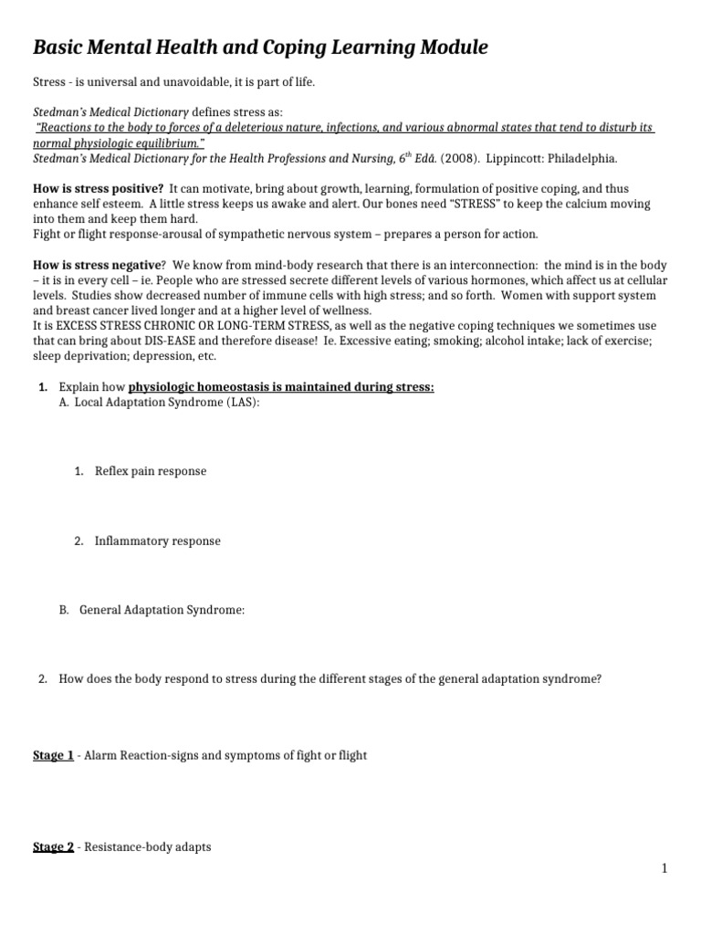 Mental Health and Coping Module 2011 | PDF | Stress (Biology) | Stress ...