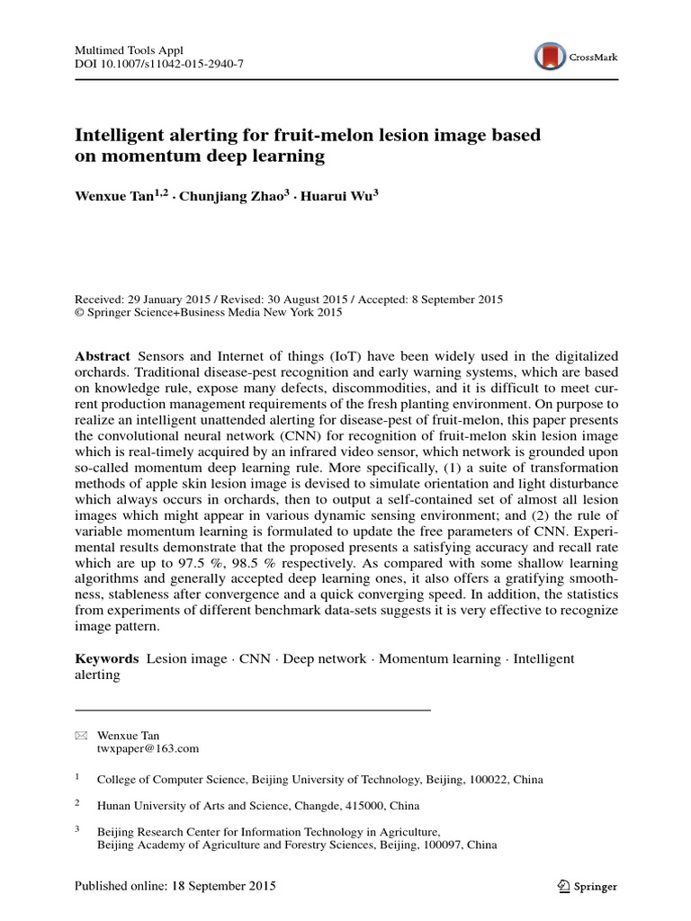 Intelligent Alerting For Fruit-Melon Lesion Image Based On Momentum Deep Learning | PDF | Deep ...