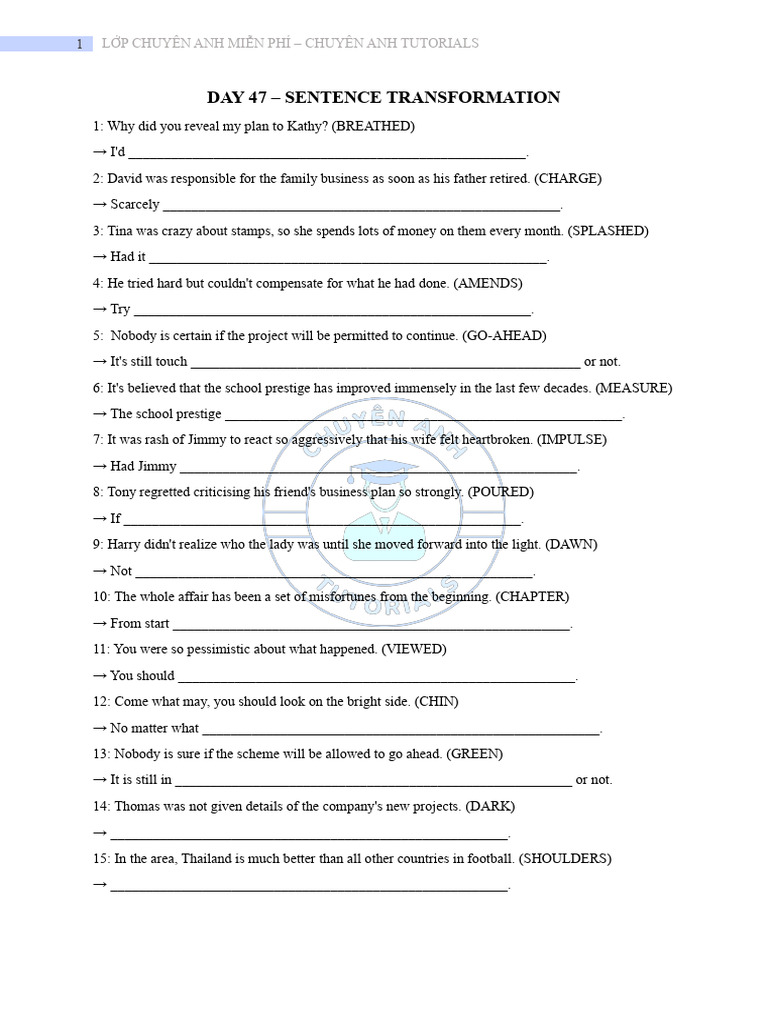 Day 47: Sentence Transformation Exercises | PDF