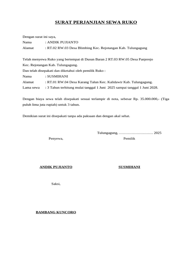 Surat Perjanjian Sewa Ruko Andik Pujianto | PDF