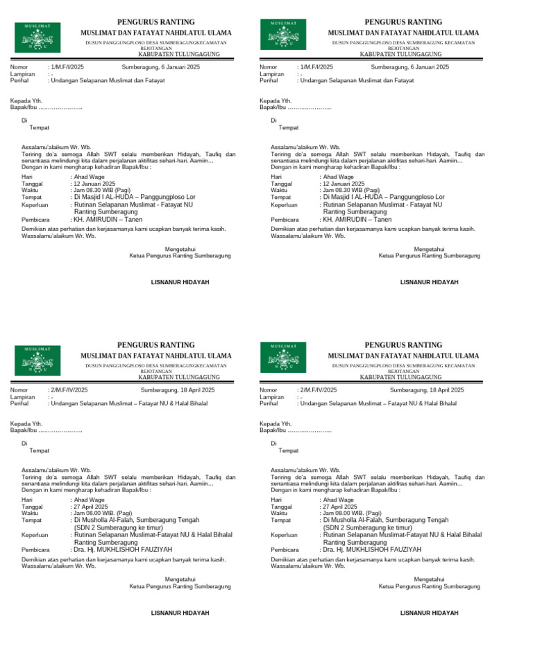 Undangan Rutin Fatayat NU Sumberagung | PDF