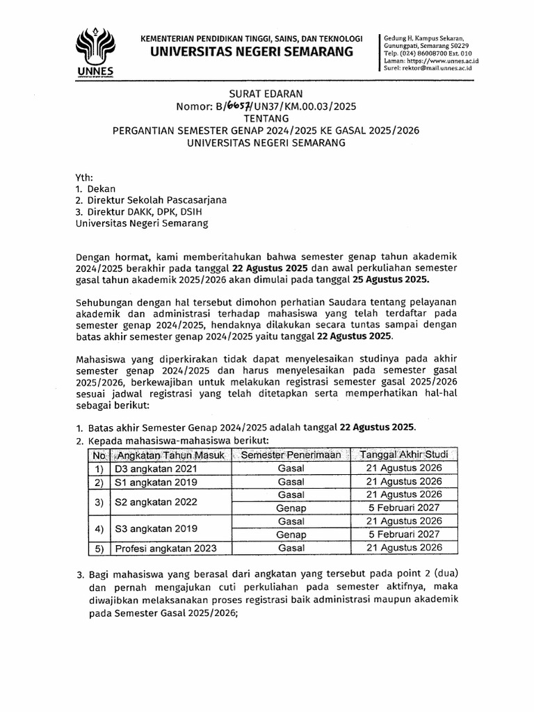 Edaran Pergantian Semester Genap 2024 - 2025 Ke Gasal 2025 - 2026 | PDF