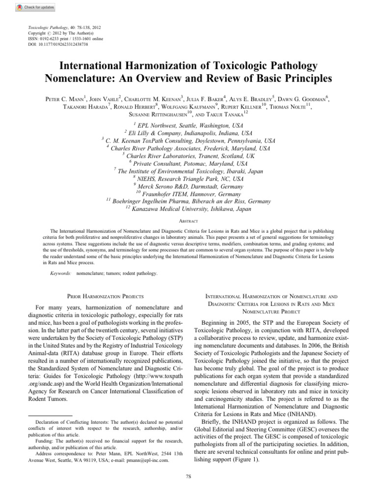 Mann Et Al 2012 International Harmonization of Toxicologic Pathology ...