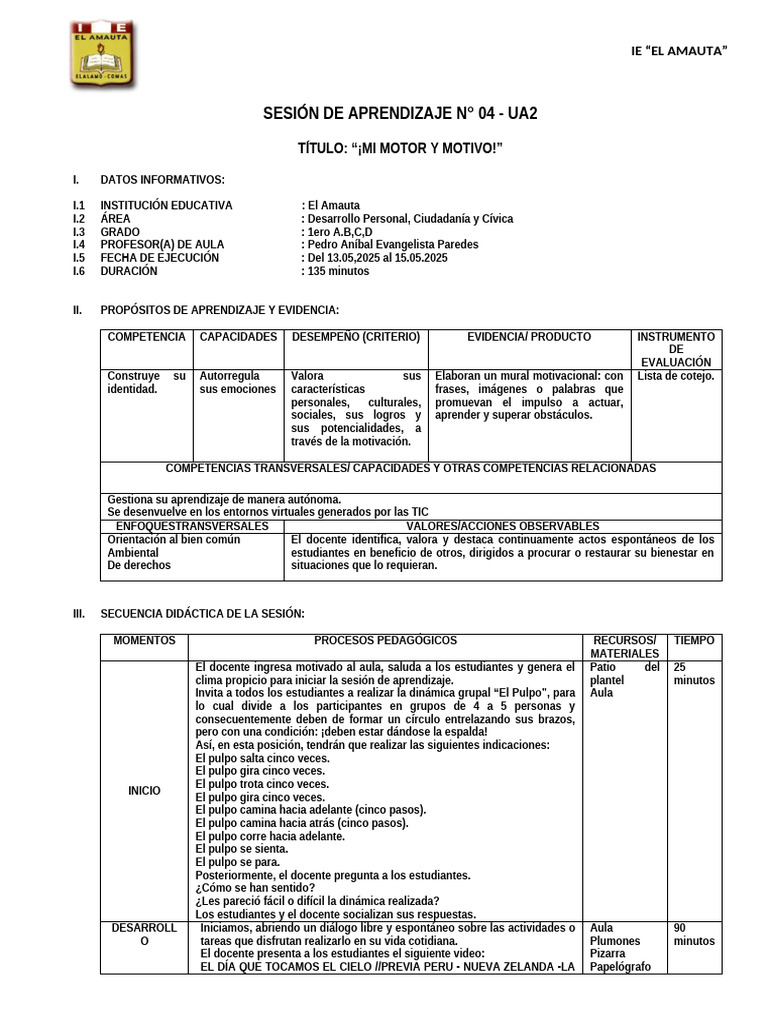 Sesión de Aprendizaje de DPCC - La Motivación Paep 2025 | PDF | Aprendizaje | Motivación