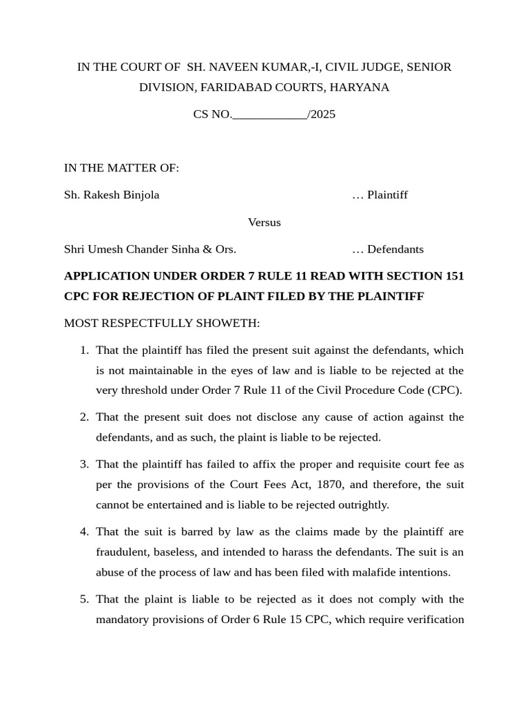 UC Sinha Order 7 Rule 11 Application | PDF | Lawsuit | Affidavit