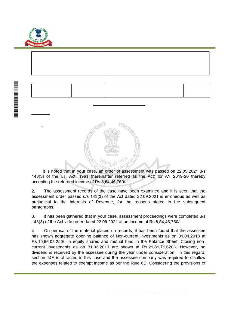 Income Tax Revision Notice for 2019-20 | PDF | Expense | Income Tax