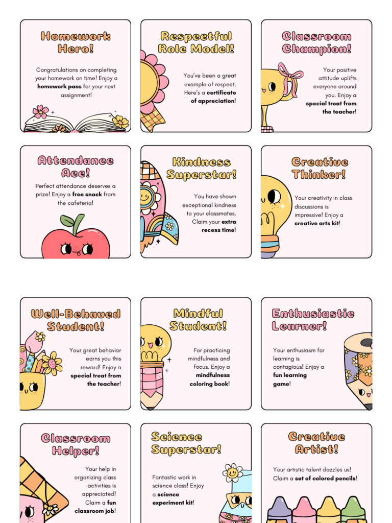 Classroom Reward Cards Document in Pink and Yellow Retro Style ...