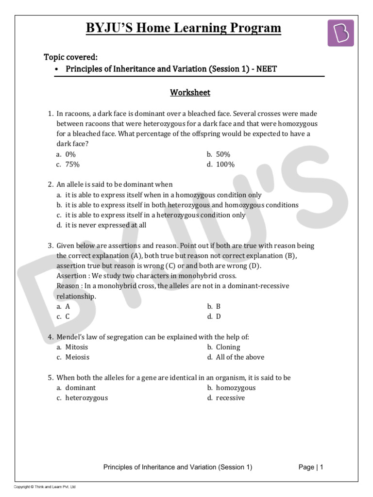Principles of Inheritance and Variation S1 Worksheet April 17 | PDF | Dominance (Genetics ...