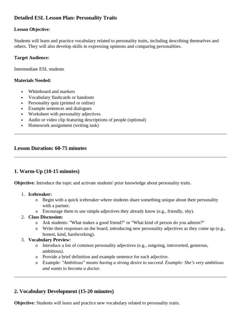 Detailed ESL Lesson Plan | PDF | Vocabulary | Lesson Plan