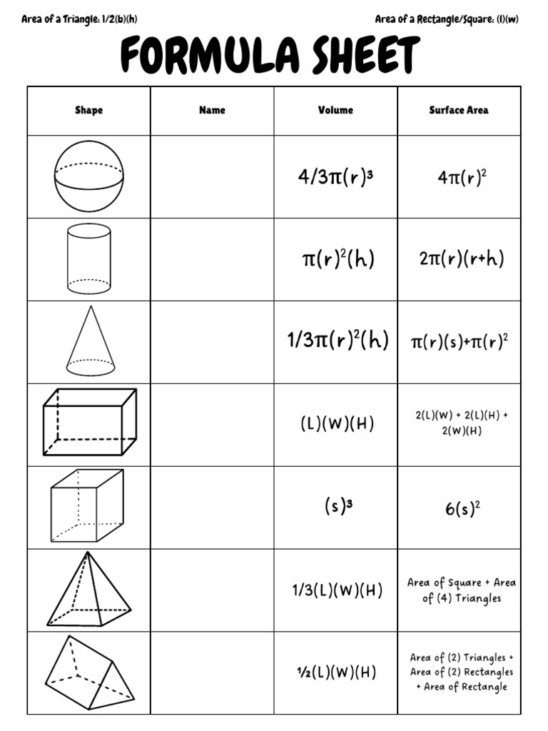 Formula Sheet: Shape Name Surface Area | PDF