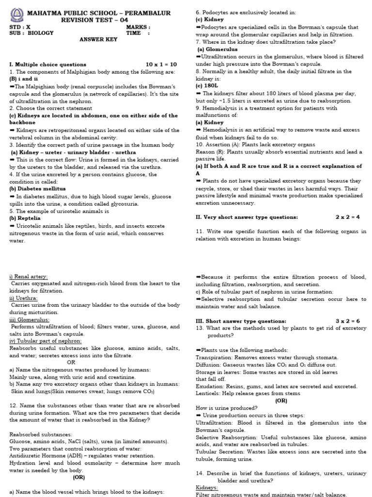 Biology Revision Test for Class X | PDF | Kidney | Urinary System