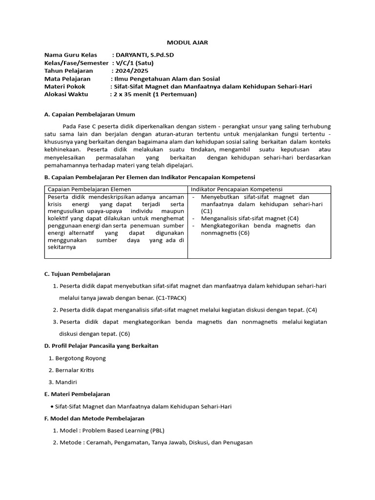 MODUL AJAR KELAS 5 IPAS SMT SMT 1 | PDF