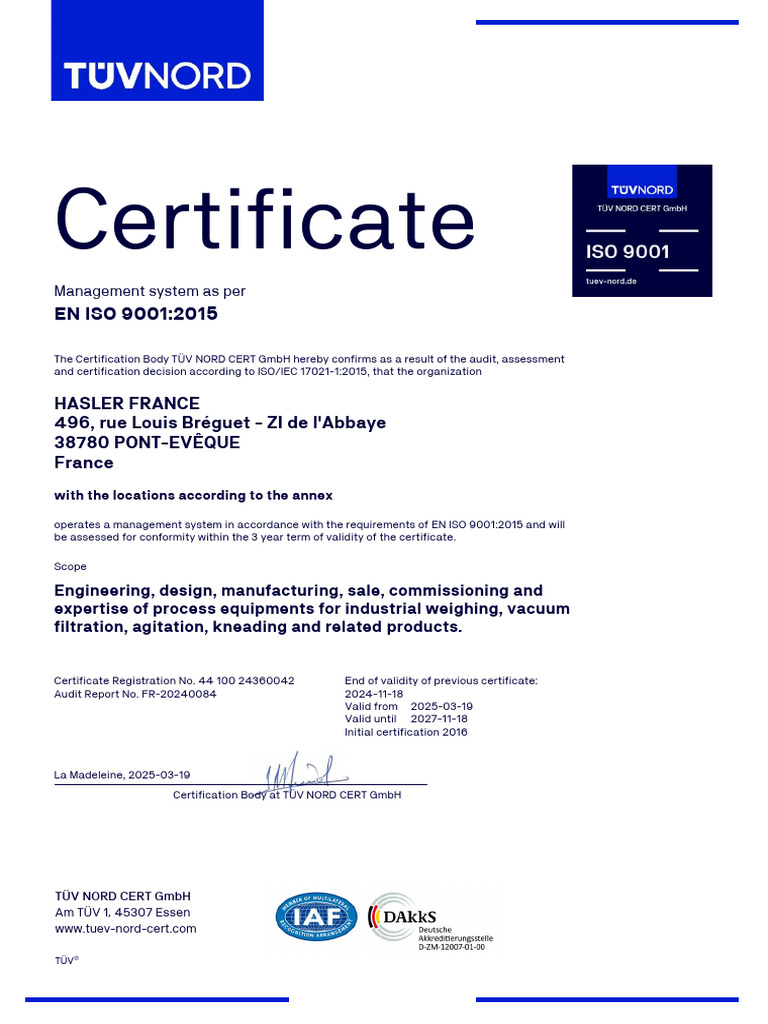 ISO 9001 V 2015 HASLER FRANCE Certificate EN 1 | PDF | Regulation ...