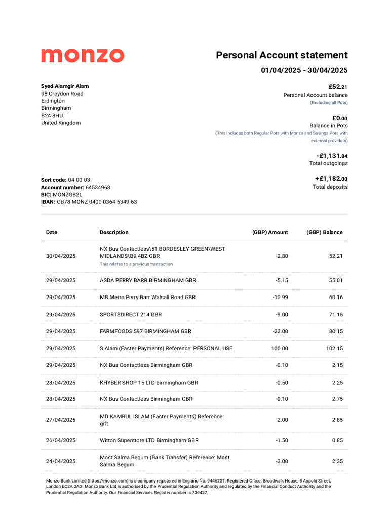 Monzo Bank Statement April 2025 | PDF | Financial Services | Banking ...