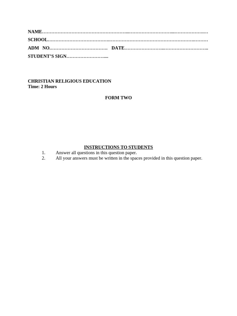 Cre Form Two Q Teacher Co Ke | PDF | Jesus | Prophecy