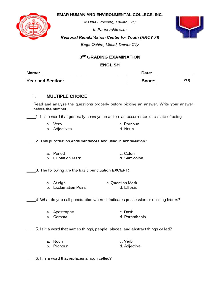 3RD GRADING EXAMINATION English | PDF | Ellipsis | Noun