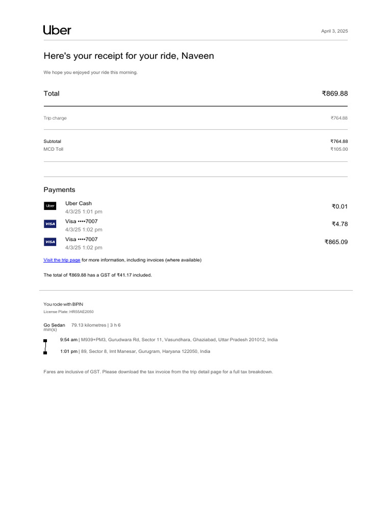 Here's Your Receipt For Your Ride, Naveen: Total 869.88 | PDF