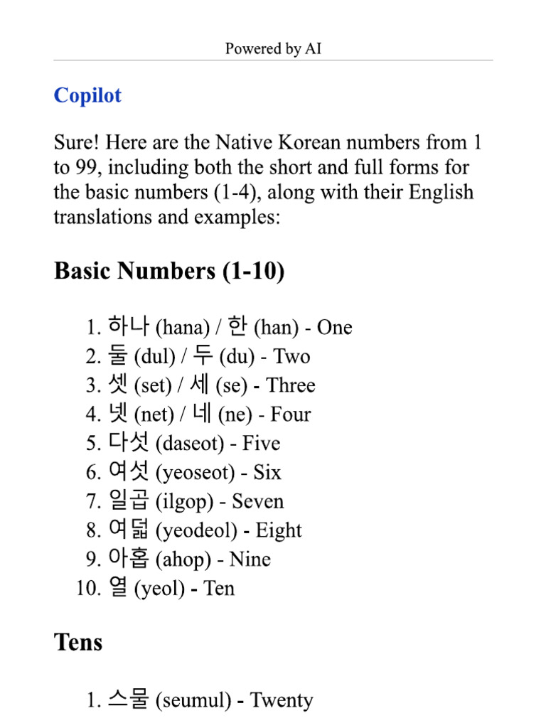 Native Korean Count 1 To 99 | PDF