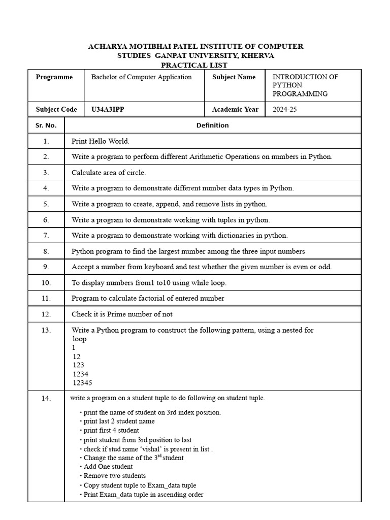 Python Pratical List - 2024-25 | PDF | Python (Programming Language) | Method (Computer Programming)