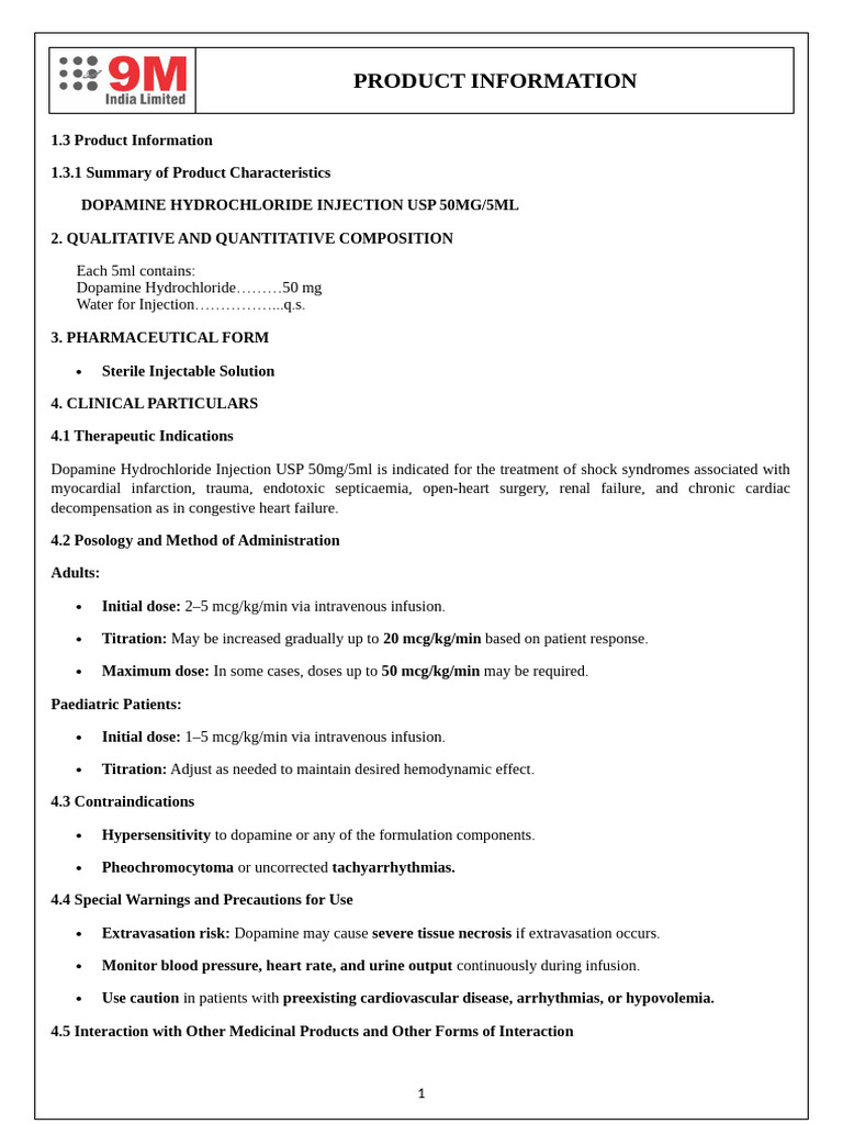 Dopamine Hydrochloride Injection Info | PDF | Dopamine | Intravenous ...