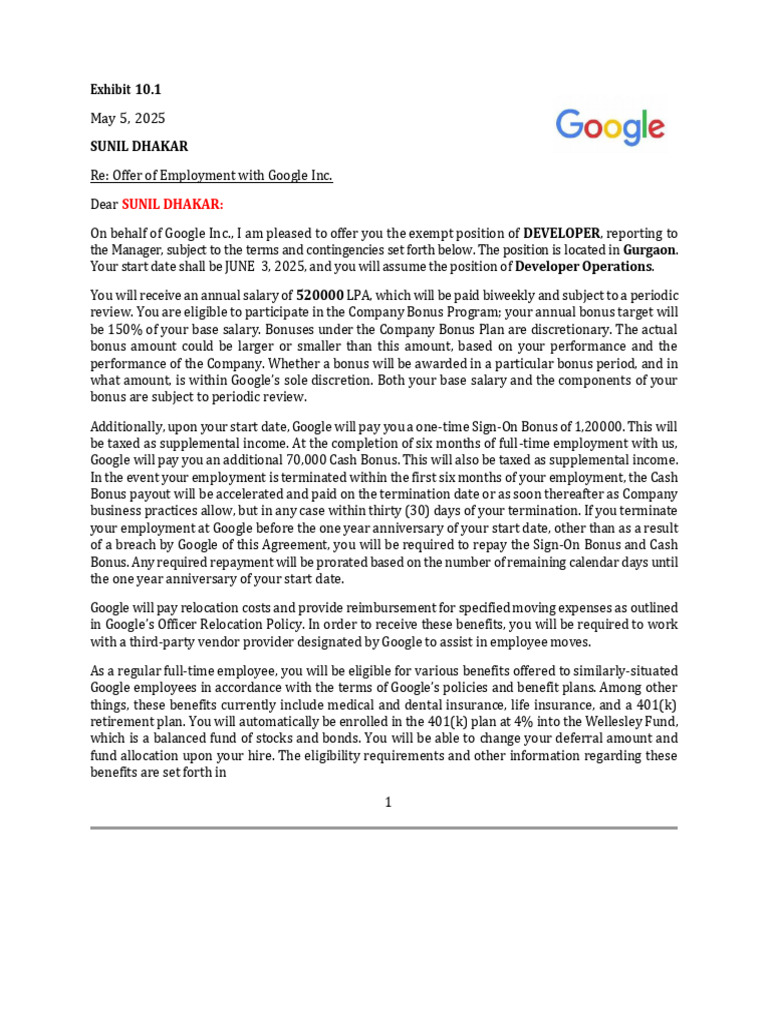 Google Offer Letter 7 | PDF | Employment | 401(K)