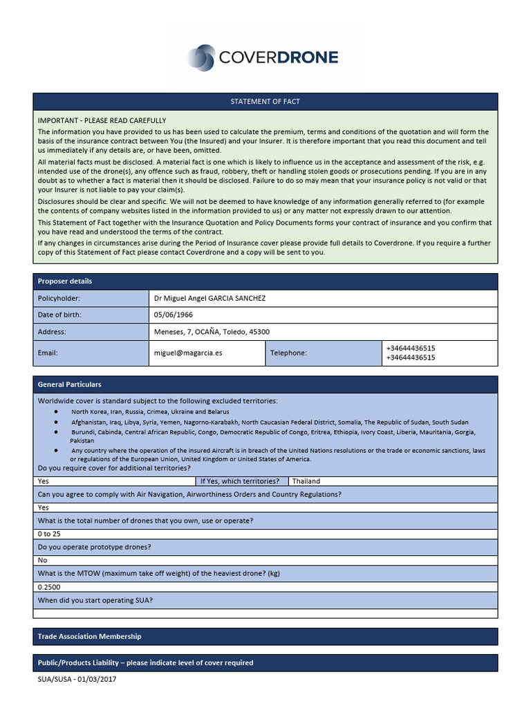 Coverdrone New Business Policy Statement of Facts | PDF | Insurance ...