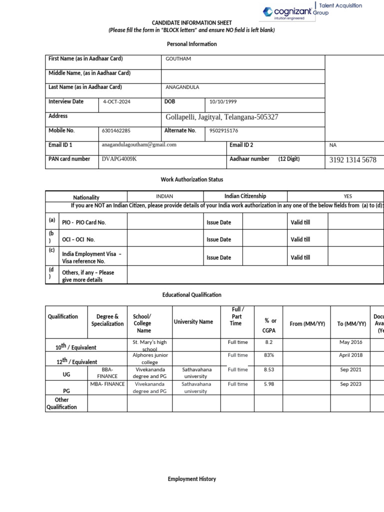 Candidate Information Sheet - Cognizant 2023 | PDF | Government And Personhood