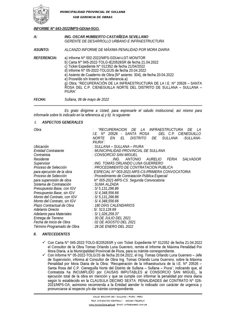 INFORME #641 - 2022 GDUEI Informe Maxíma Penalidad X Mora Diaria-Sta. Rosa | PDF