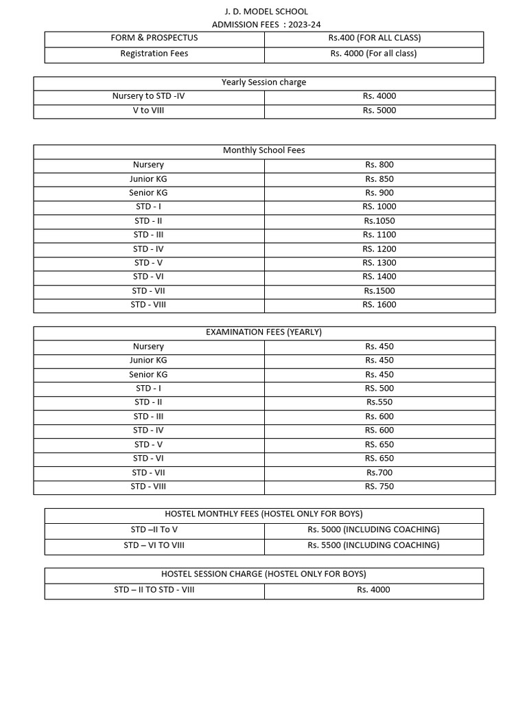 J.D. Model School Fee Structure 2023-24 | PDF
