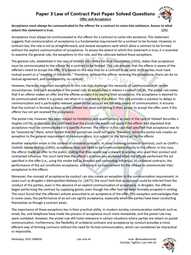 A Level Law 9084 Paper 3 Law of Contract Past Papers Solved | PDF ...