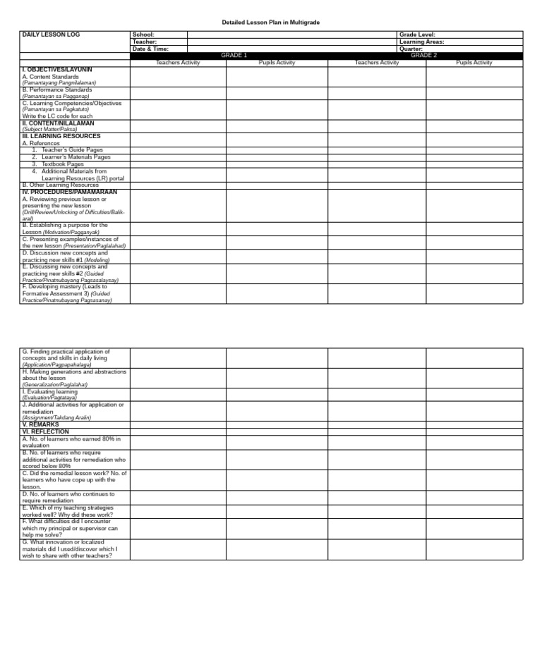 DAILY LESSON LOG (Multigrade) | PDF | Teachers | Learning