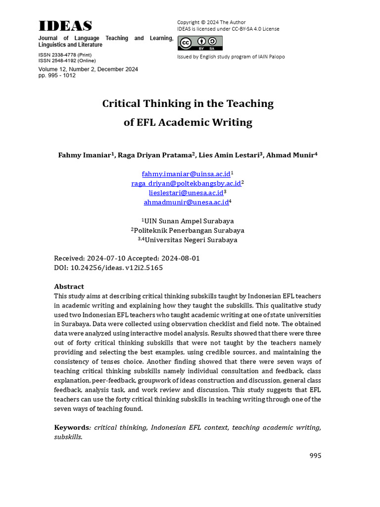 Critical Thinking in EFL Academic Writing | PDF | Critical Thinking ...