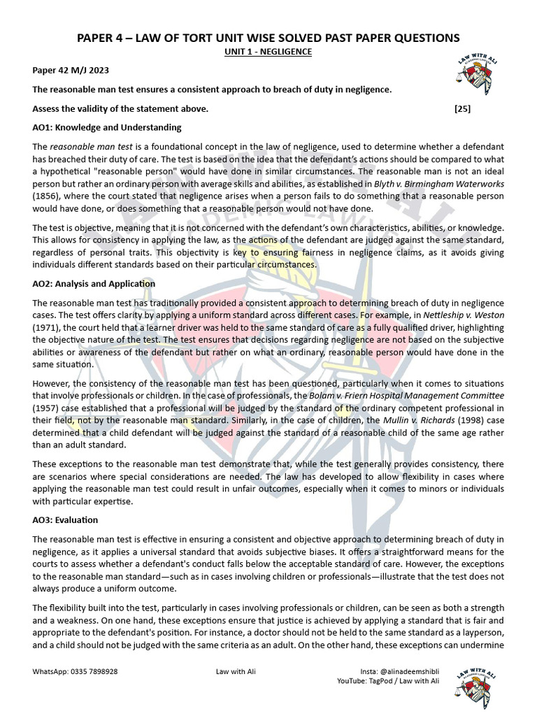 A Level Law 9084 Paper 4 Tort Law Unit Wise Past Paper Solved Questions ...