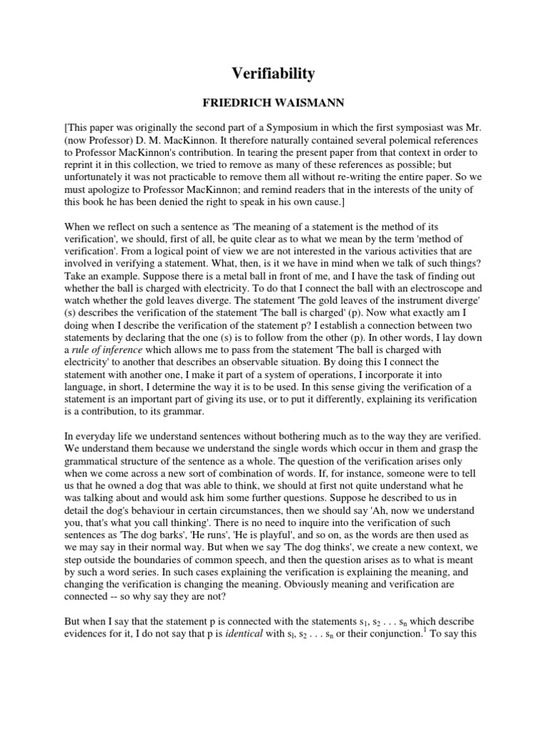 Verifiability: Friedrich Waismann | PDF | Logic | Epistemology