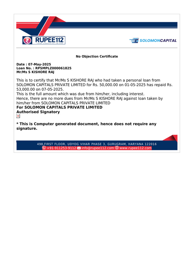 Noc Loan Closed Letter | PDF