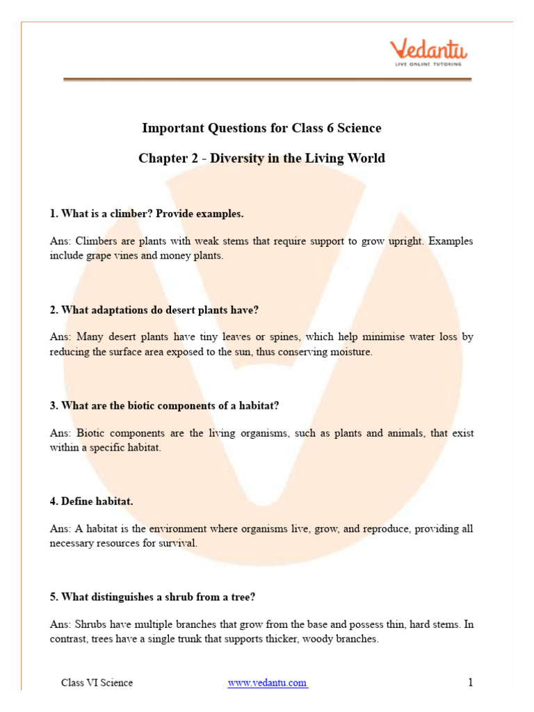 Important Questions For Class 6 Science Chapter 2 - Download FREE PDF | PDF | Habitat | Plants