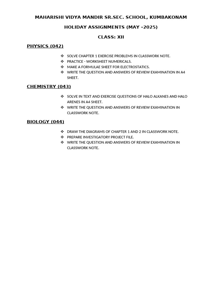 Holiday Assignment Xii | PDF