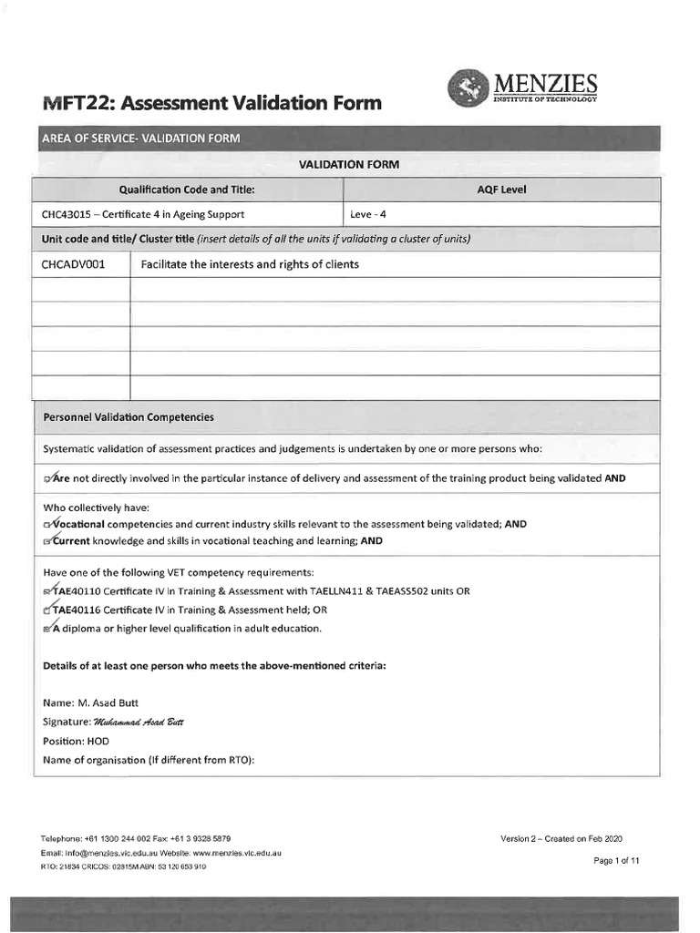 CHCADV001- PRE VALIDATION | PDF