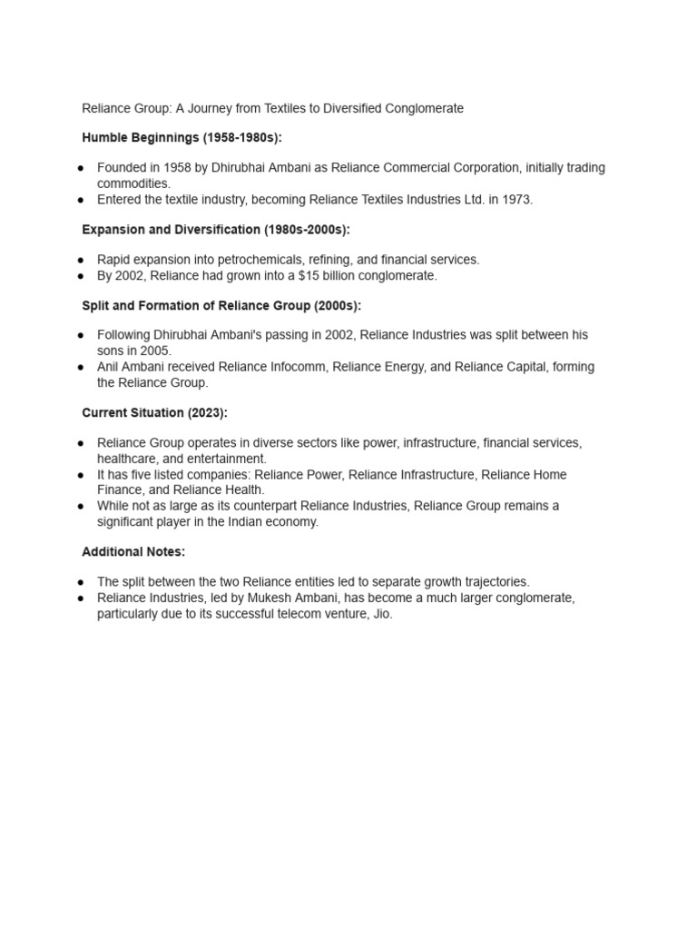 Brief History of Reliance Group To Current Situat | PDF