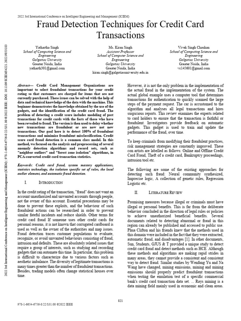 Fraud Detection Techniques For Credit Card Transactions | PDF | Outlier ...