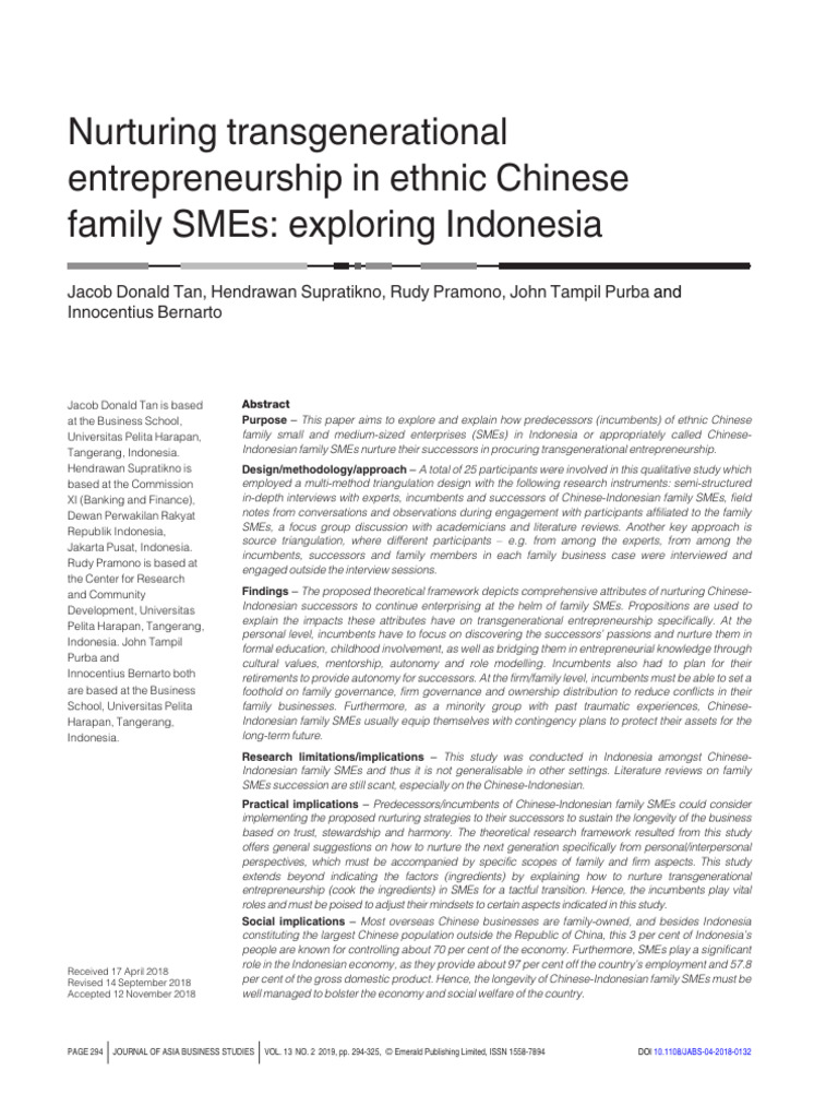 Nurturing transgenerational entrepreneurship in ethnic Chinese family SMEs_ exploring Indonesia ...
