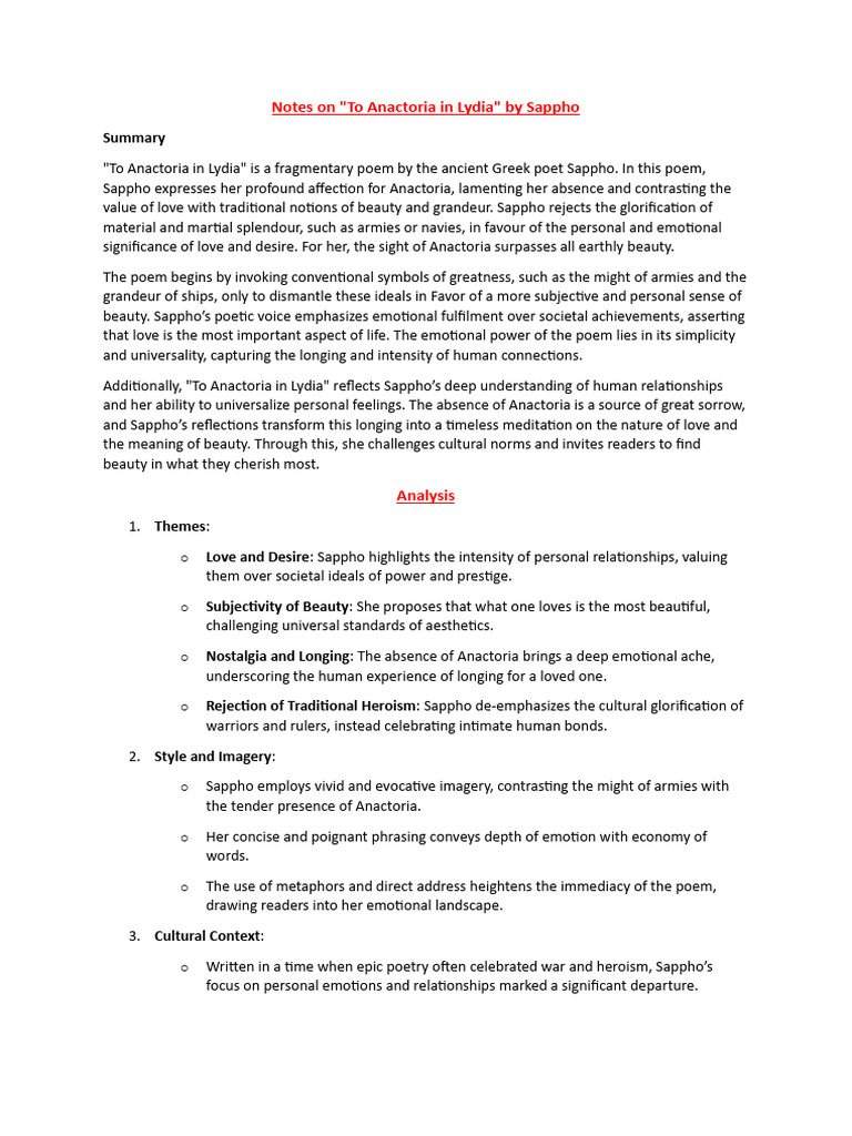 Anactoria in Lydia by Sappho | PDF | Love | Poetry