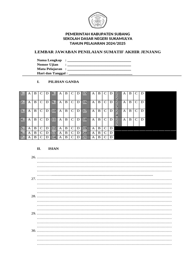 Lembar Jawaban ASAJ Bhs. Sunda PRINT 2025 | PDF