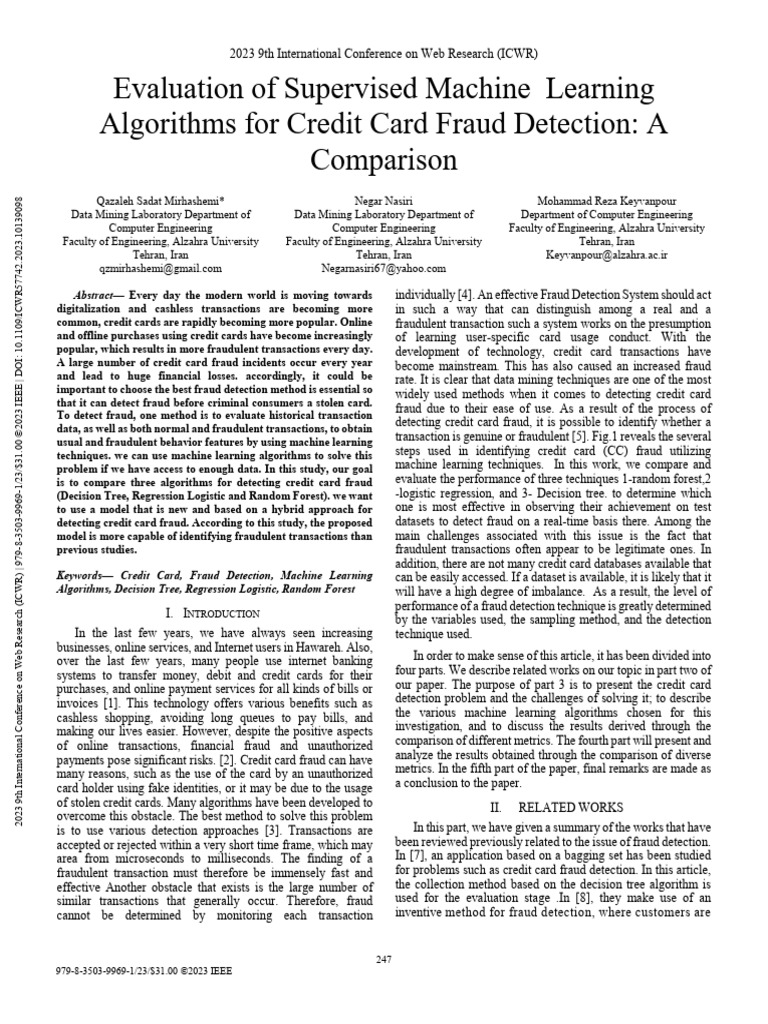 Evaluation of Supervised Machine Learning Algorithms For Credit Card Fraud Detection A ...