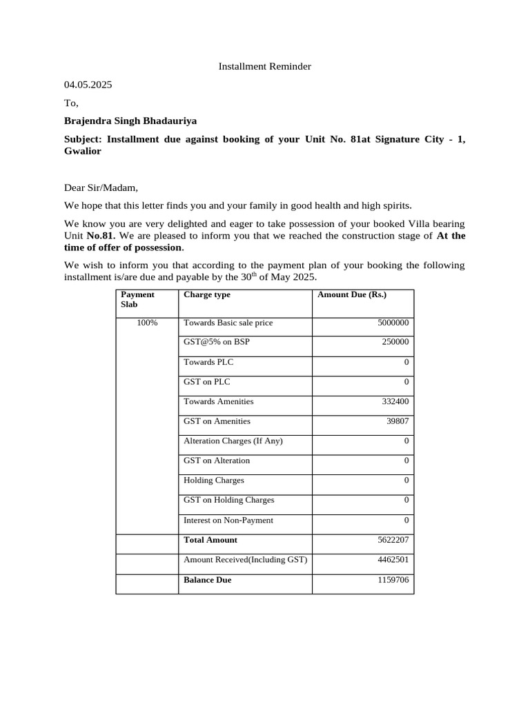 Installment Reminder - REVISED LETTER | PDF | Private Sector | Money
