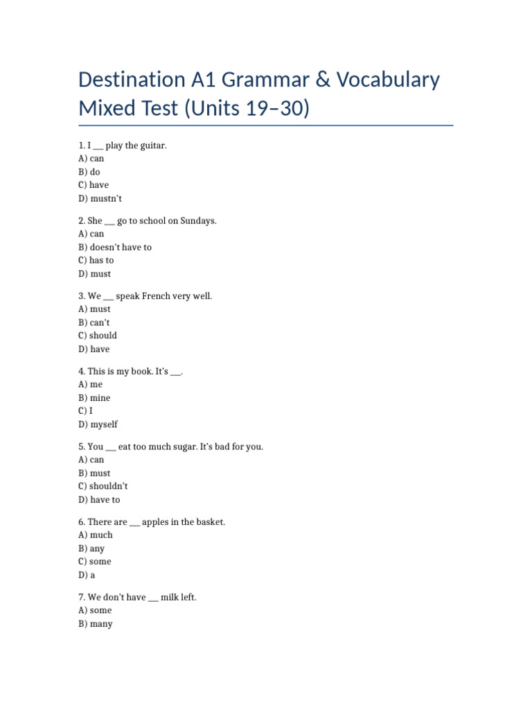 Destination A1 Mixed Test | PDF | Plural | Grammar