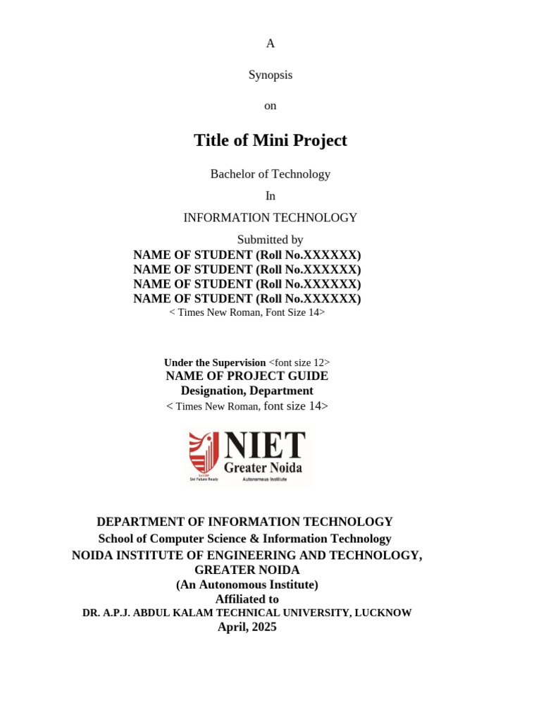 Final - Mini Project Synopsis - Sample | PDF | Times New Roman | Computing