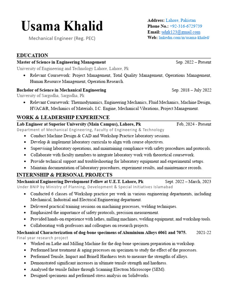Usama Khalid Mechanical Engineer Resume | PDF | Mechanical Engineering | Engineering