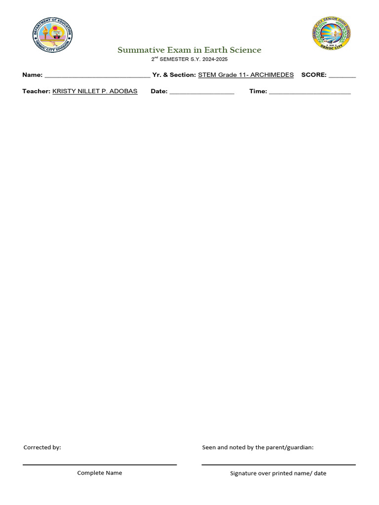 Earth Science Summative Exam - Grade 11 | PDF